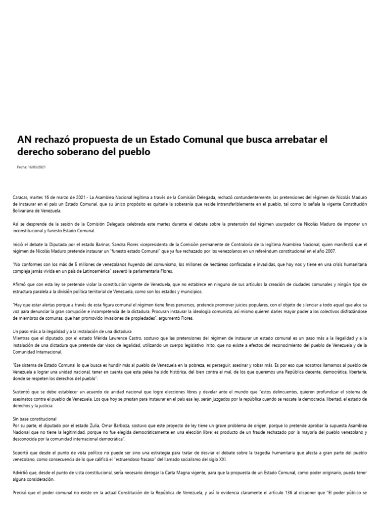 AN Rechazó Propuesta de Un Estado Comunal Que Busca Arrebatar El ...