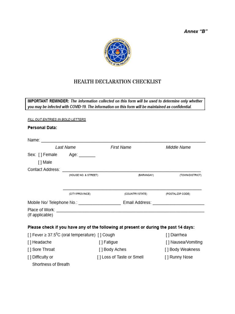 Health Declaration Checklist for COVID-19 | PDF | Diseases And Disorders | Clinical Medicine