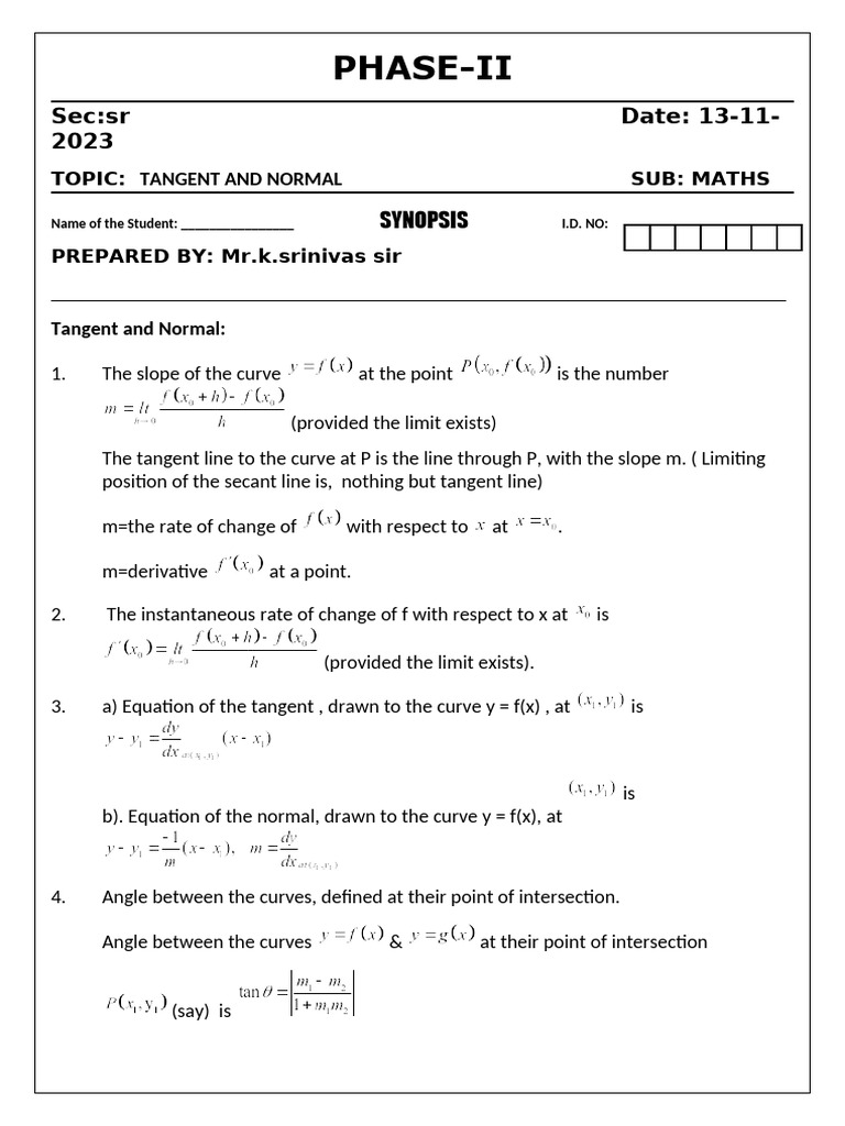 Aodtangentnormal-Synopsis Final | PDF | Monotonic Function | Tangent