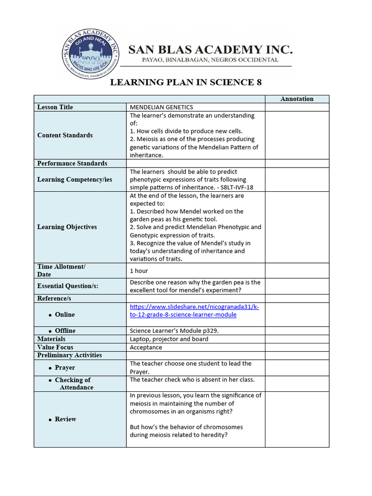 Sample Lesson Plan Nica Demo | PDF | Dominance (Genetics) | Zygosity