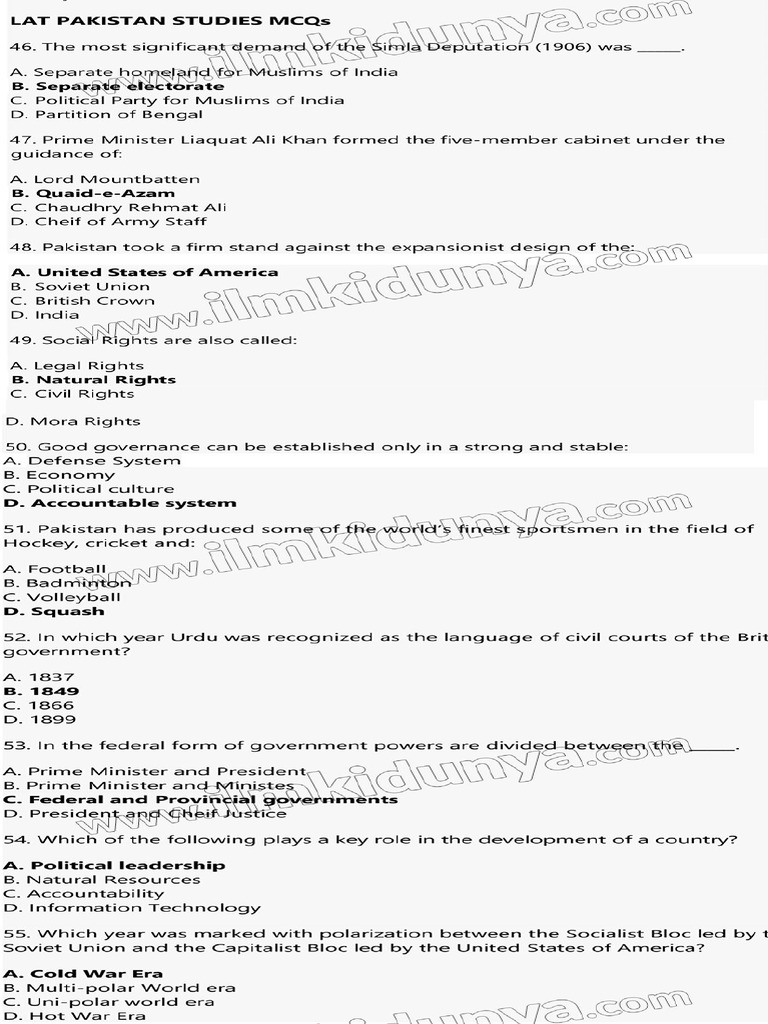 Lat Past Papers 2021 Pak Studies | PDF