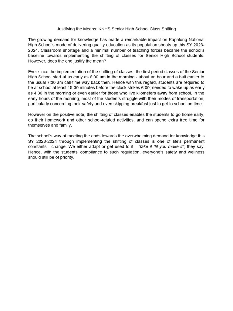 KNHS Class Shifting: Pros and Cons | PDF | Wellness