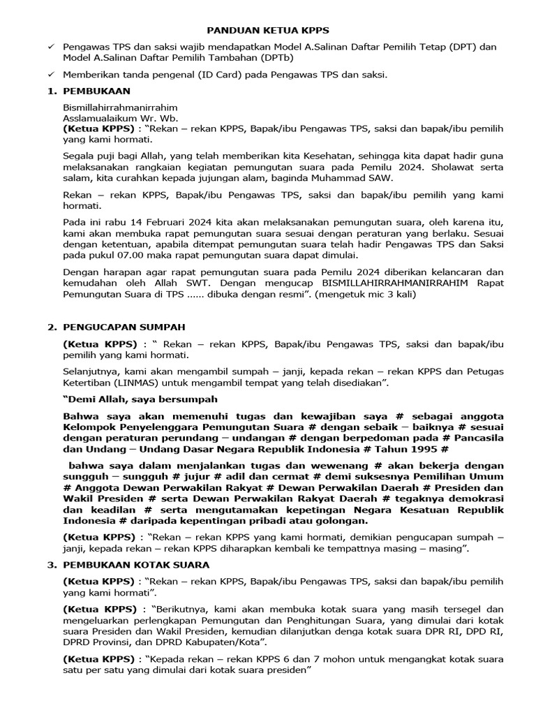 Panduan Pembukaan Pemungutan Suara Ket. KPPS | PDF