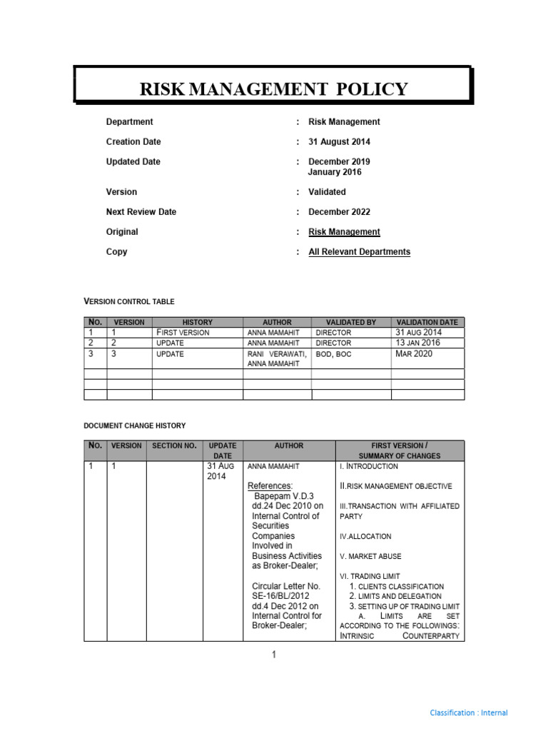 Risk Management Policy | PDF | Internal Control | Risk Management