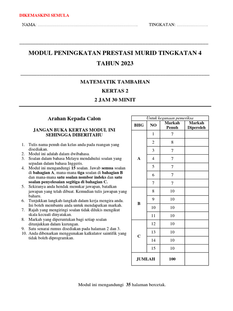 2023 Pat f4 Matematik Tambahan Kertas 2 - Soalan | PDF
