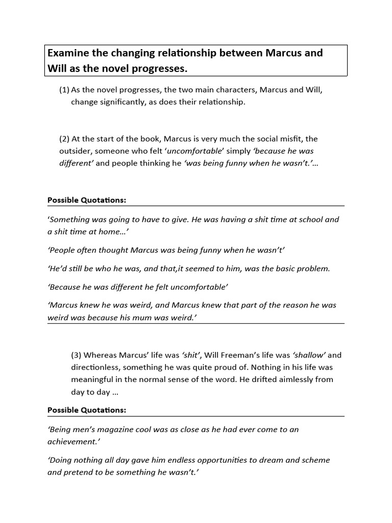 Discuss The Changing Relationship Between Marcus and Will As The Novel ...