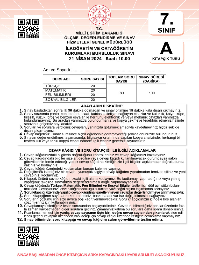 Sınıf Bursluluk Sınavı Soruları (2024) | PDF