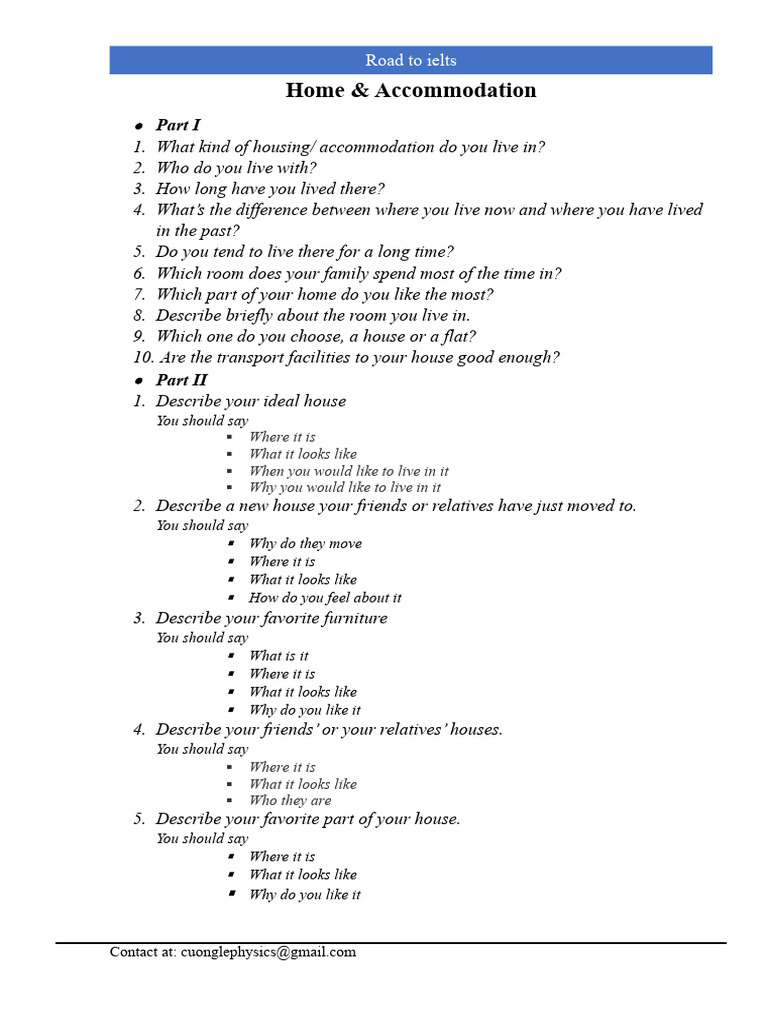 Speaking Topic 1 Home&Accomodation | PDF | Home | House Types