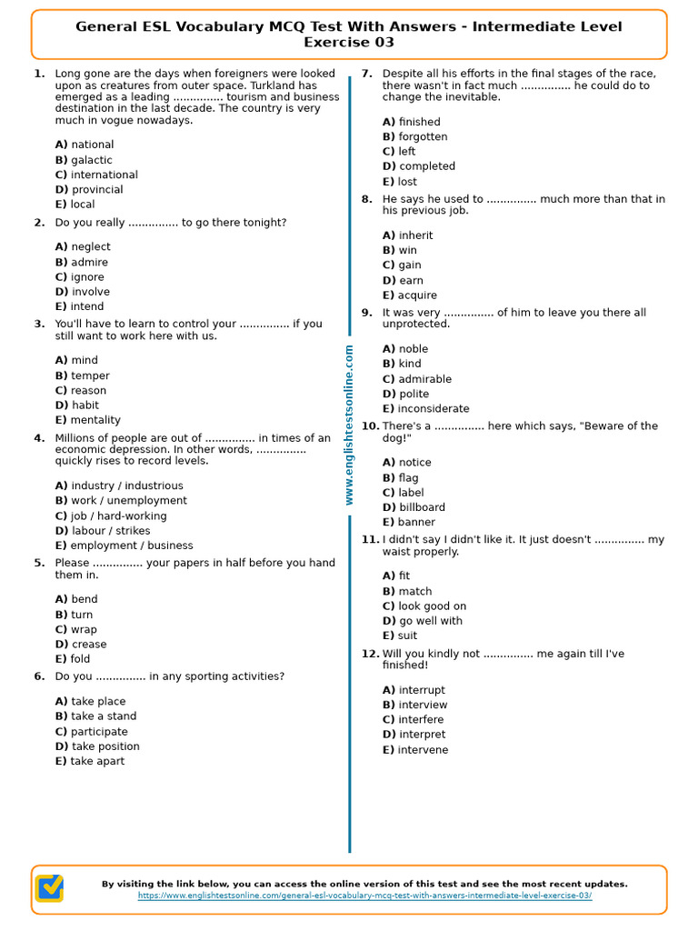 657 - General Esl Vocabulary MCQ Test With Answers Intermediate Level ...