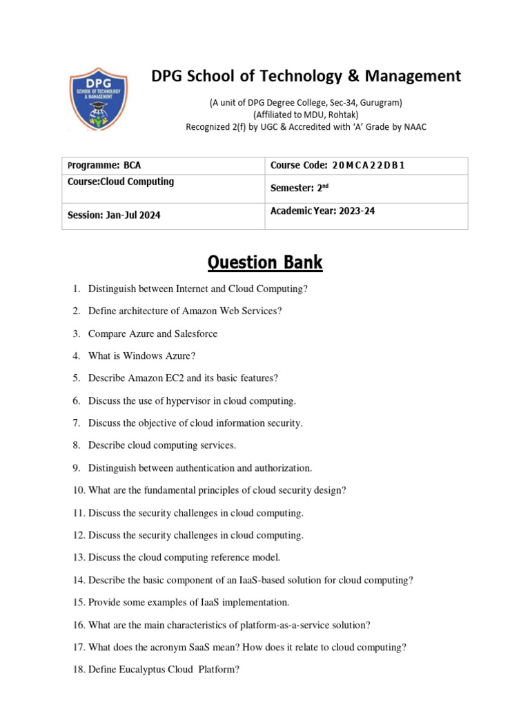 BCA Cloud Computing Question Bank 2024 | PDF