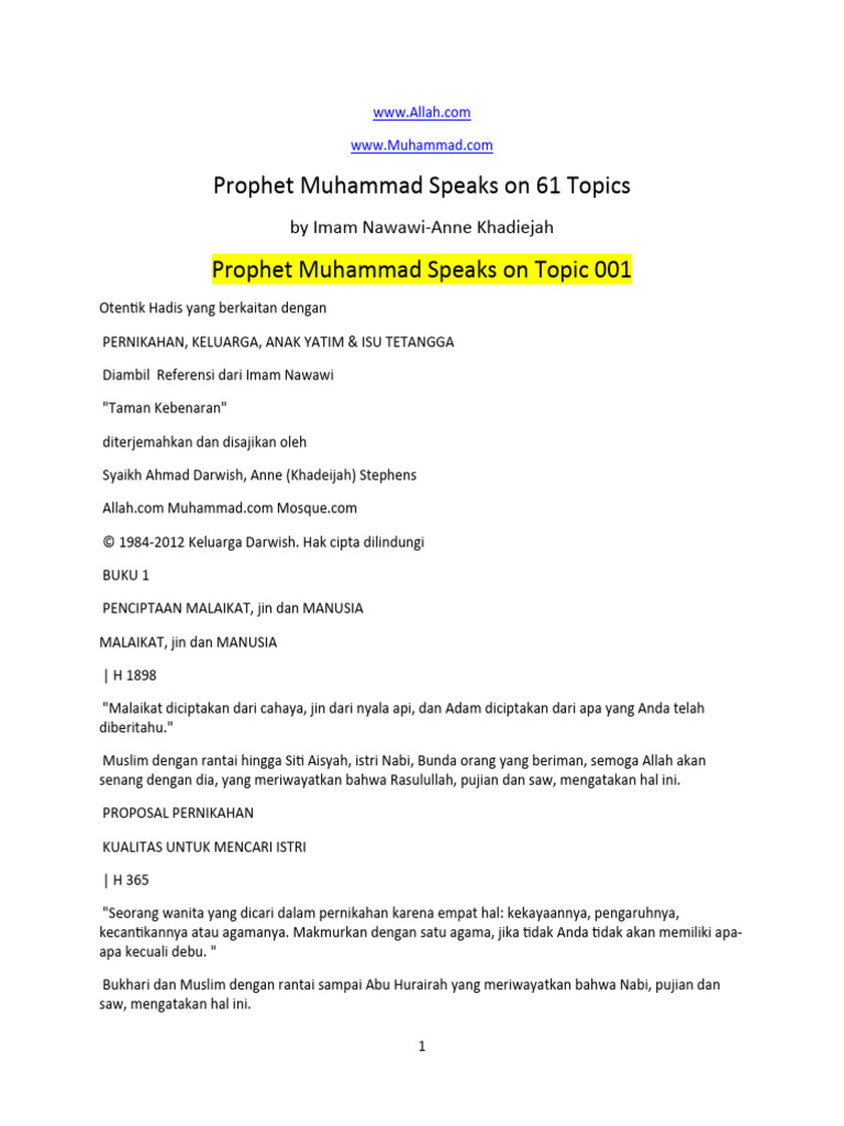 Bhs Indonesia 61 Topik Hadist Nabi Muhammad | PDF