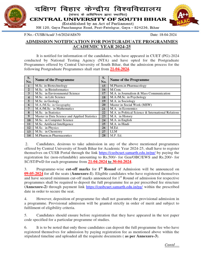Admission Notification PG 2024 25 1 | PDF | Master Of Arts ...