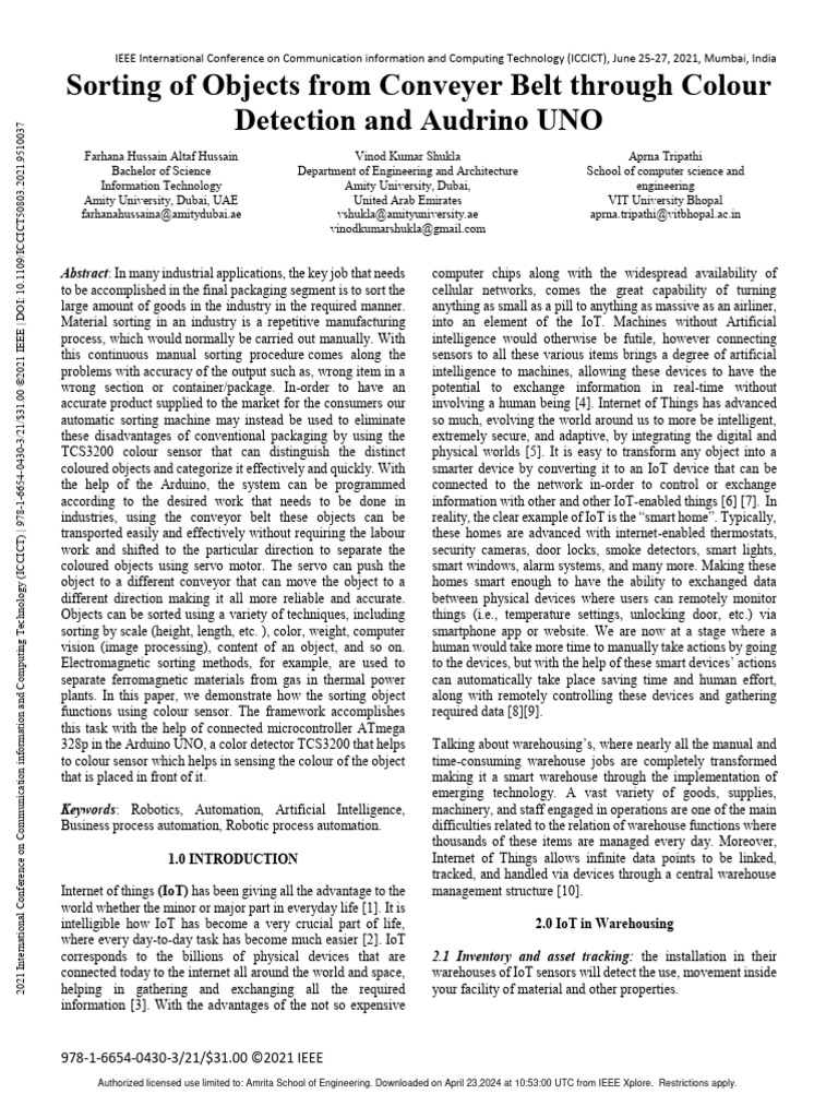 Sorting of Objects From Conveyer Belt Through Colour Detection and Audrino UNO | PDF | Internet ...