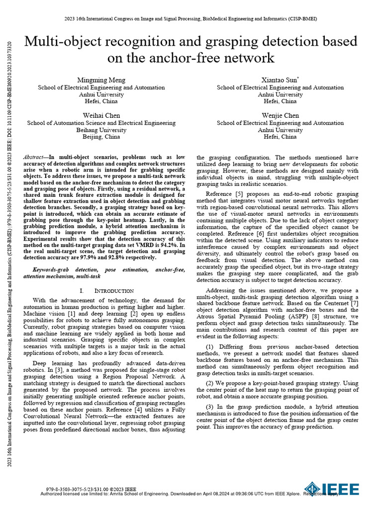Multi Object Recognition And Grasping Detection Based On The Anchor Free Network Pdf Deep