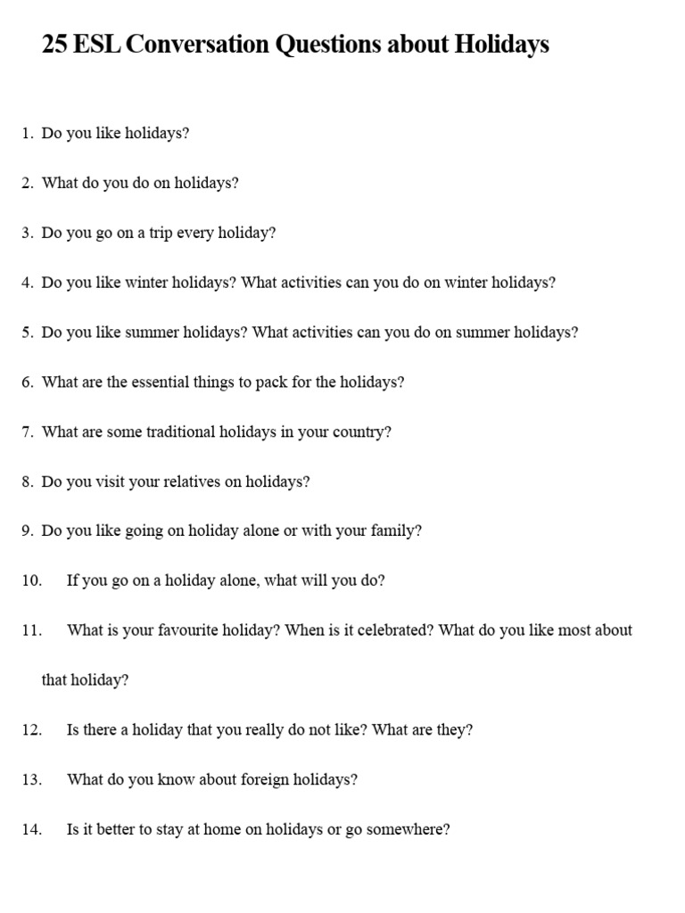 25 ESL Conversation Questions about Holidays | PDF | Christmas ...