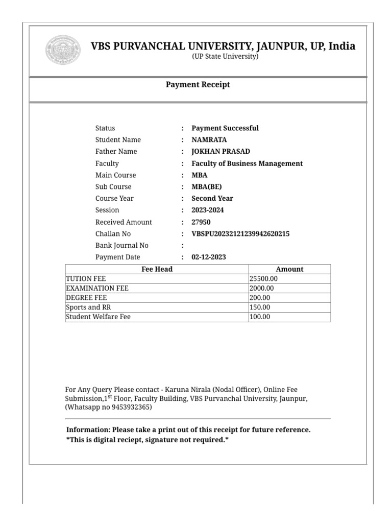VBS Purvanchal University Fee Receipt | PDF
