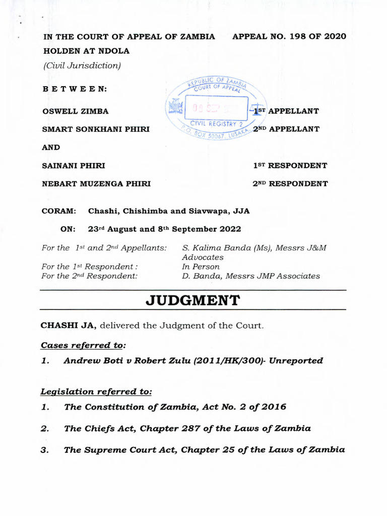 Zambia Chieftaincy Appeal Case | PDF | Appeal | Judgment (Law)