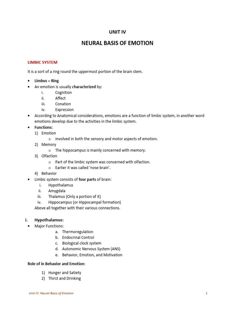 Sem IV Unit IV Study Note | PDF | Limbic System | Amygdala