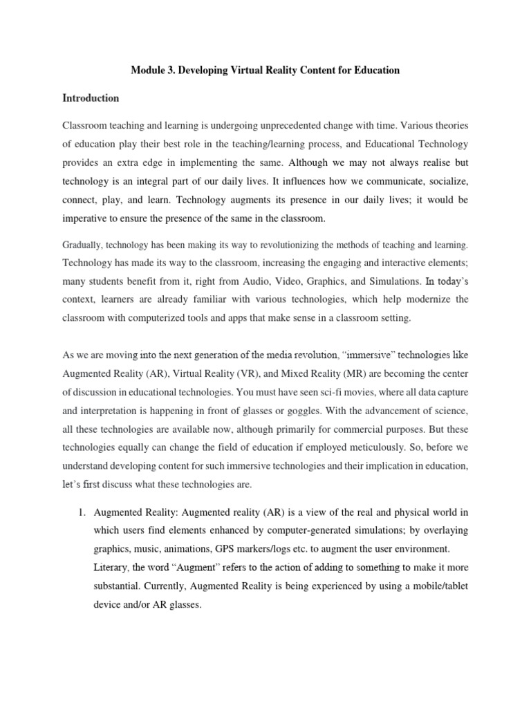 Module 3 Developing Virtual Reality Content For Education Pdf