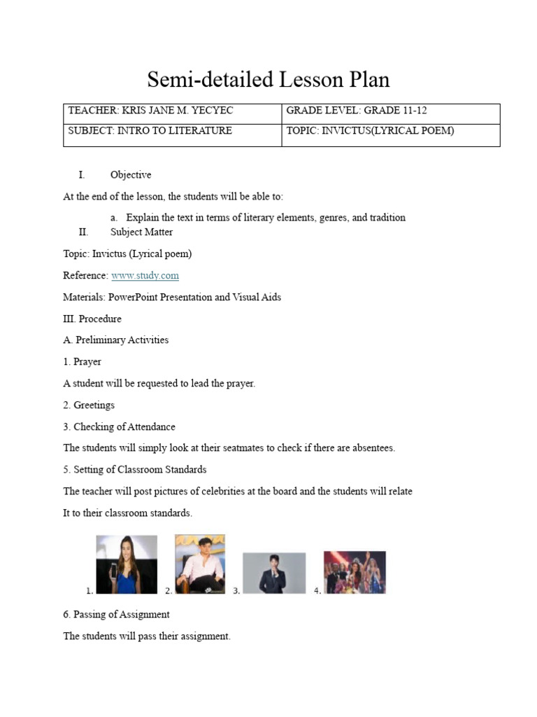 Invictus Lesson Plan for Grades 11-12 | PDF | Lesson Plan | Learning