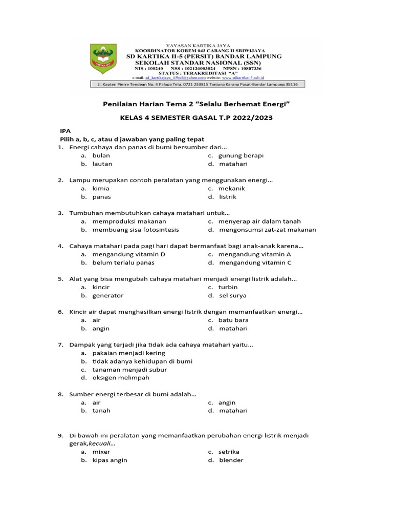 Penilaian Harian Tema 2 IPA | PDF