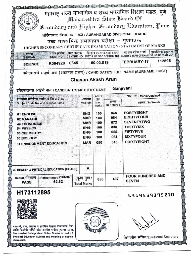 HSC Mark Sheet | Download Free PDF | Secondary Education | Educational ...
