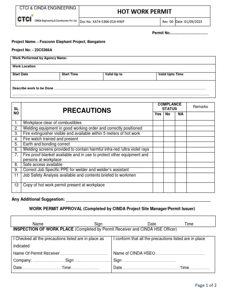 Hot Work Permit | PDF | Welding | Construction