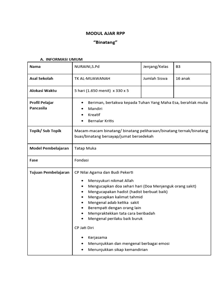 Modul Ajar Topik Binatang | PDF
