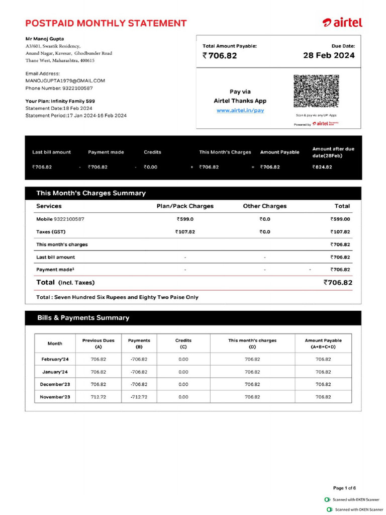 Manoj - Airtel Bill Feb 24 | PDF