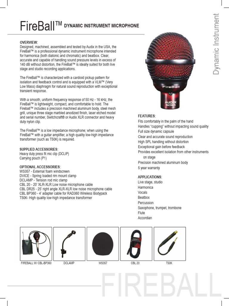 Audix Fireball Specifications | PDF | Microphone | Sound Production