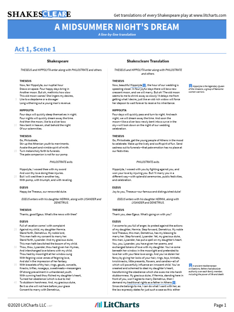 Midsummer Night's Dream: Act 1 Translation | PDF | A Midsummer Night's ...