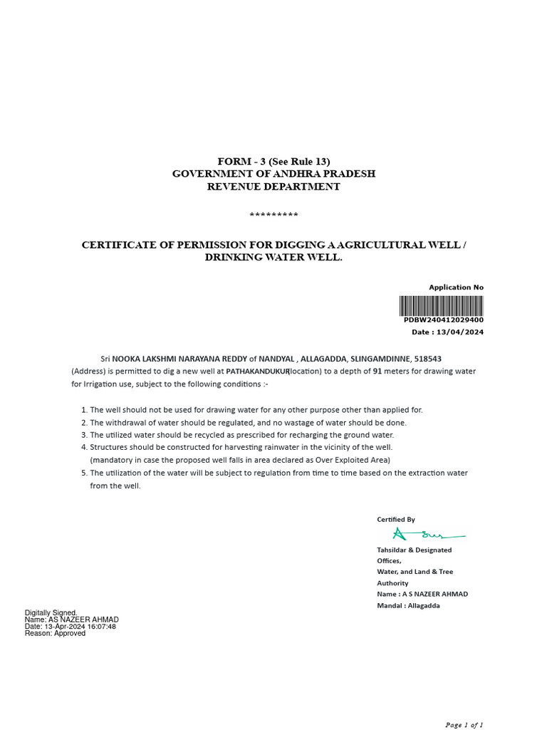 PermissionOfDiggingBorewell Certificate - PDBW240412029400 | PDF ...