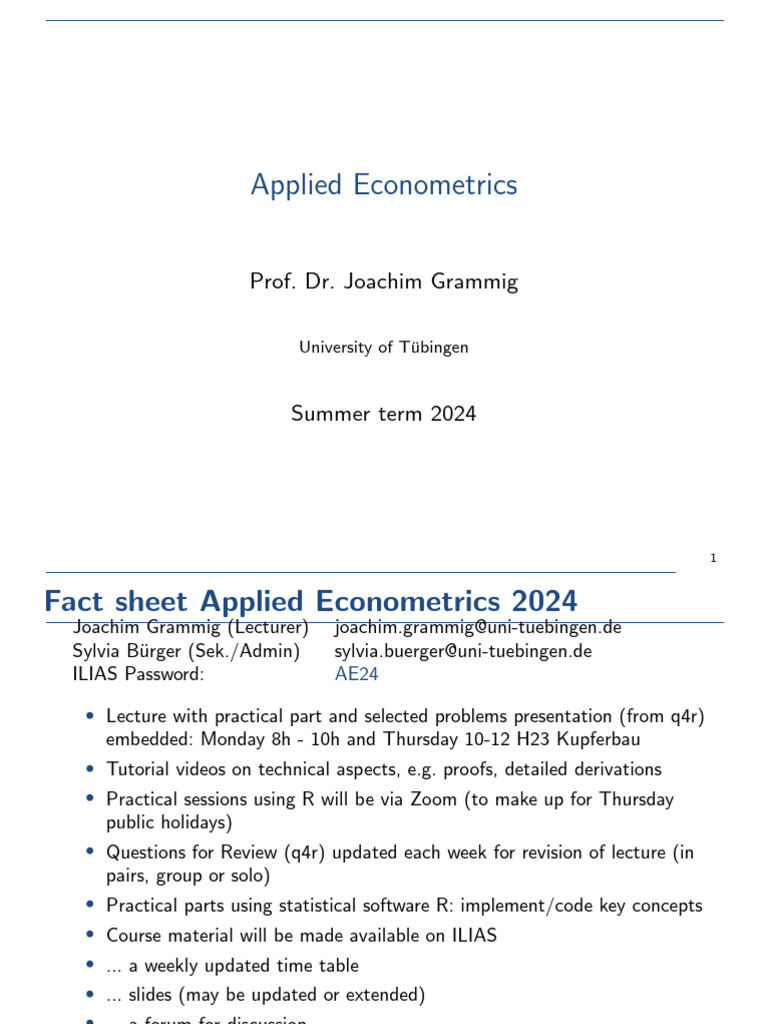 Applied Econometrics 2024 | PDF | Linear Regression | Ordinary Least Squares