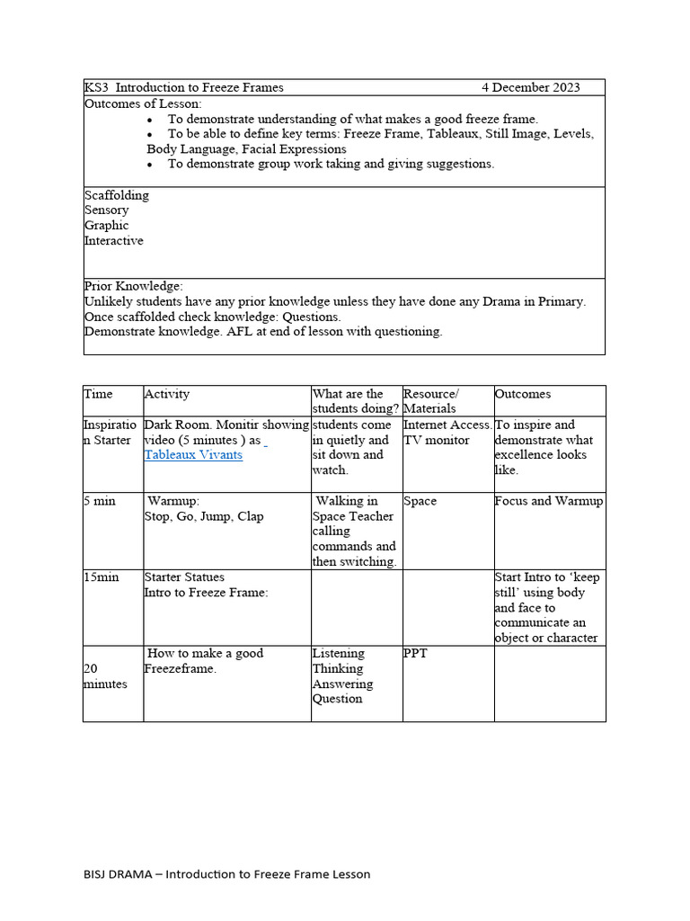 KS3 Freeze Frame Drama Lesson Guide | PDF