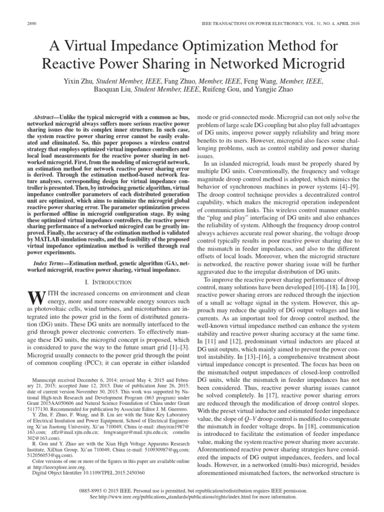A Virtual Impedance Optimization Method For Reactive Power Sharing in Networked Microgrid | PDF ...