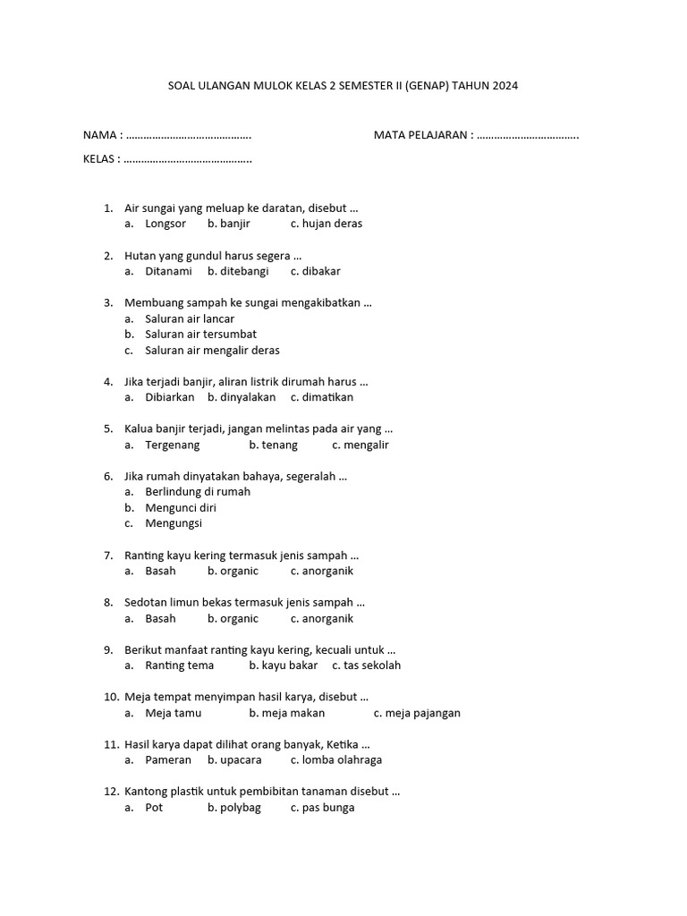 Soal Ulangan Mulok Kelas 2 Semester Ii | PDF | Seni | Gaya Hidup