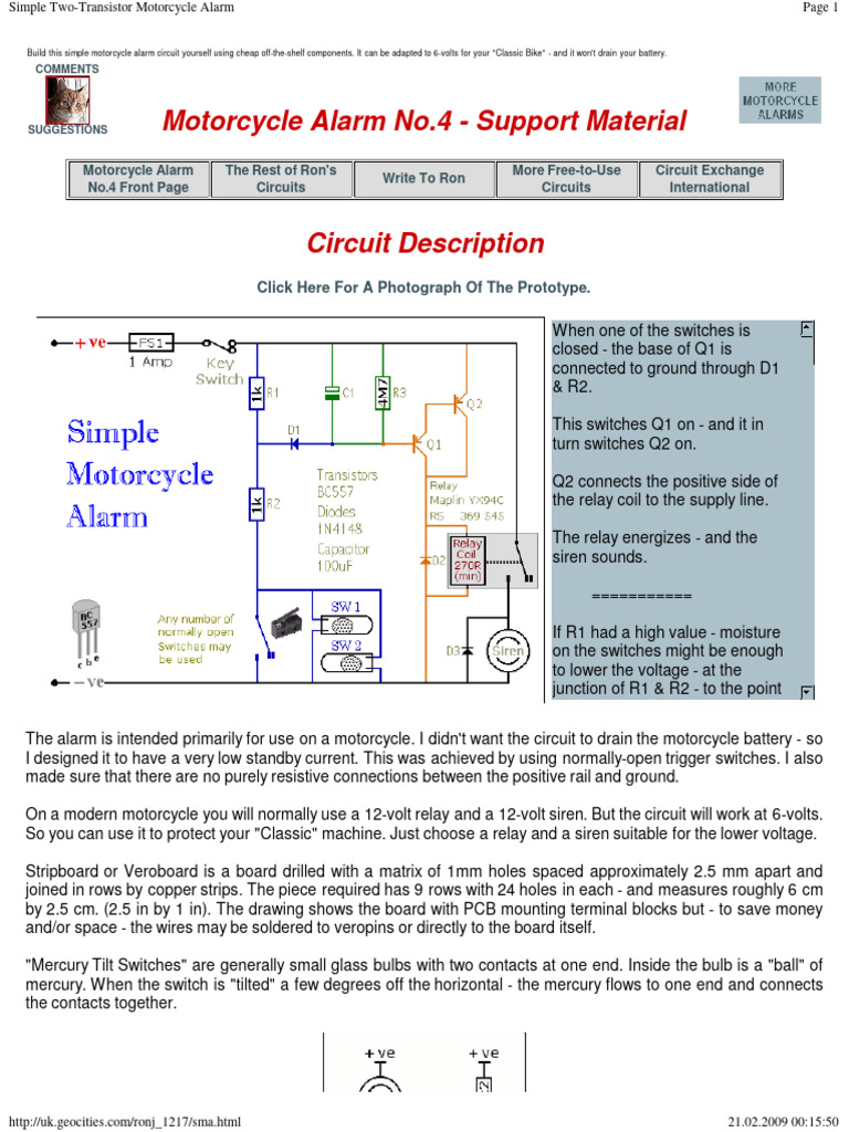 Simple Two-Transistor Motorcycle Alarm | PDF | Relay | Switch