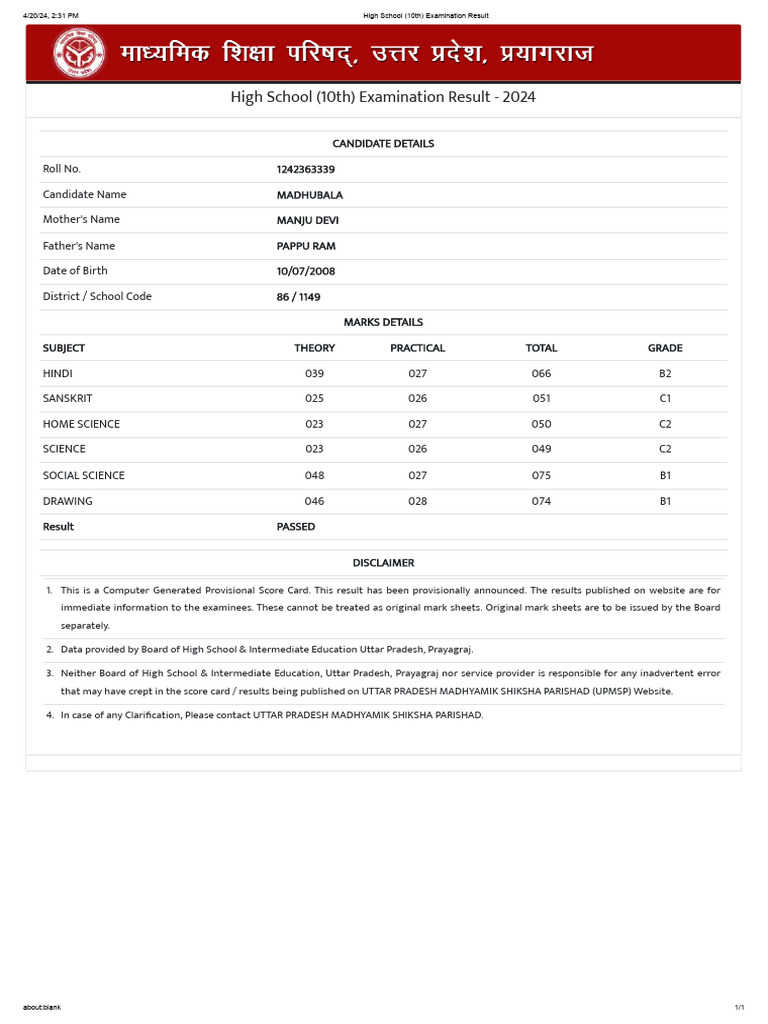 2024 High School 10th Result for Madhubala | PDF