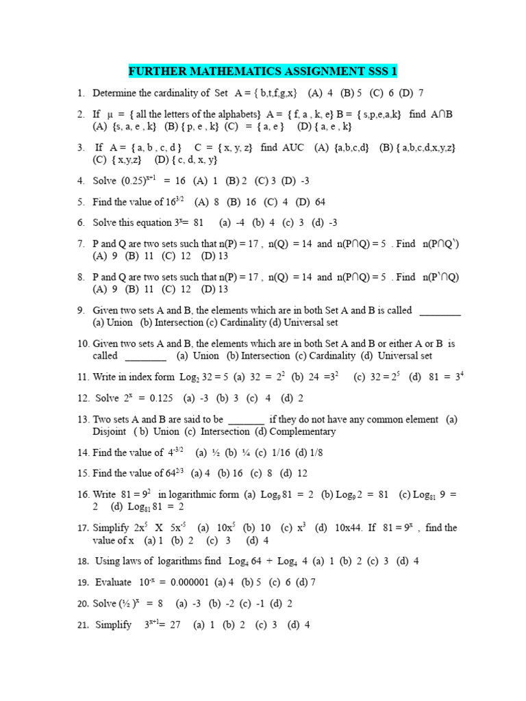 Further Mathematics Assignment Sss 1 (Week 1 - 5) | PDF | Mathematics ...