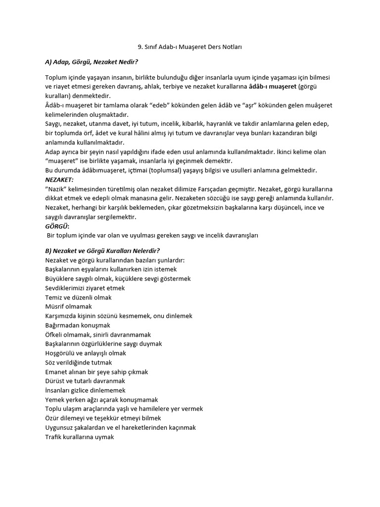 A) Adap, Görgü, Nezaket Nedir? | PDF