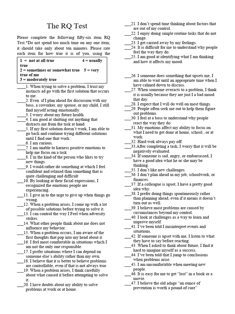 The RQ Test | PDF | Thought | Mental Health
