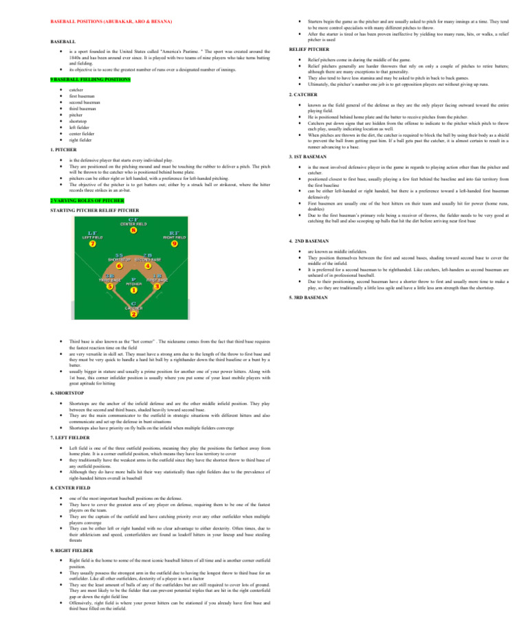 Overview of Baseball Positions and Roles | PDF | Pitcher | Baseball Field