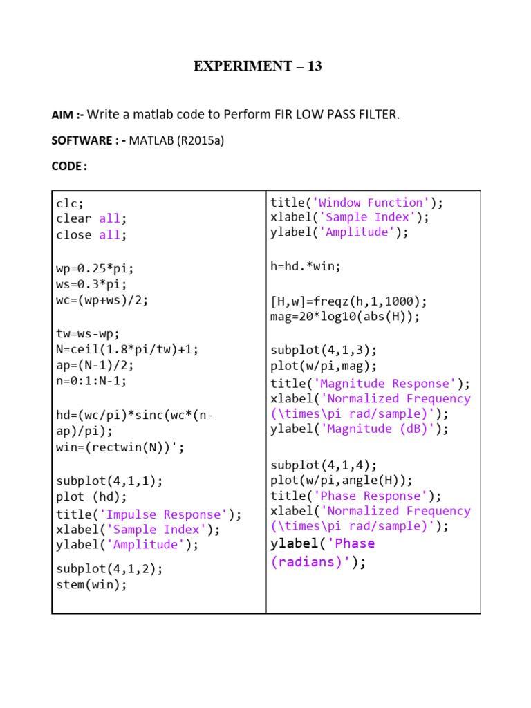 Write A Matlab Code To Perform FIR LOW PASS FILTER.: Experiment - 13 | Download Free PDF ...
