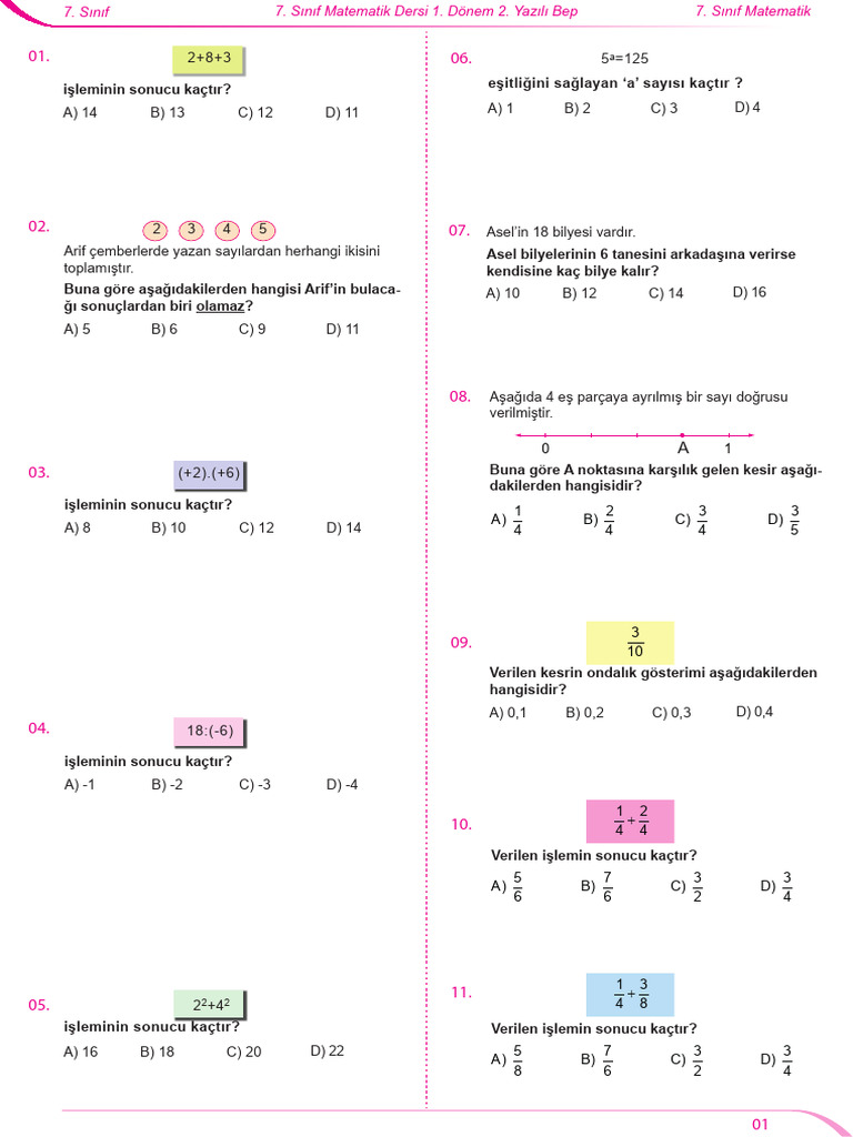 Sınıf Matematik 1. Dönem 2. Yazılı Bep | PDF