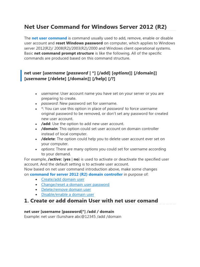 Net User Command For Windows Server 2012 | PDF | User (Computing ...