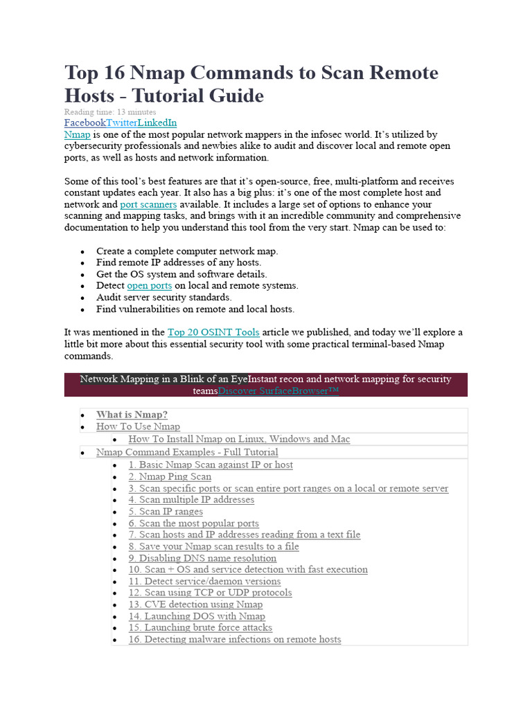 Top 16 Nmap Commands To Scan Remote Hosts Pdf Port Computer Networking Denial Of Service