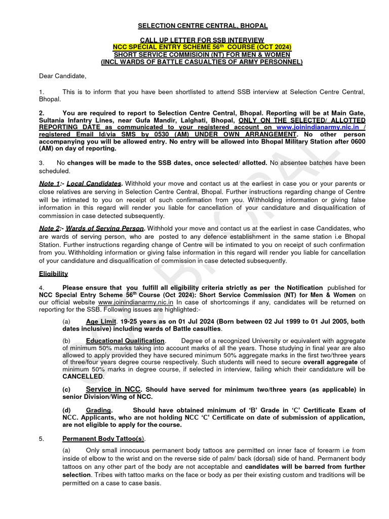 SSB Interview Call Letter for NCC Entry | PDF | Identity Document