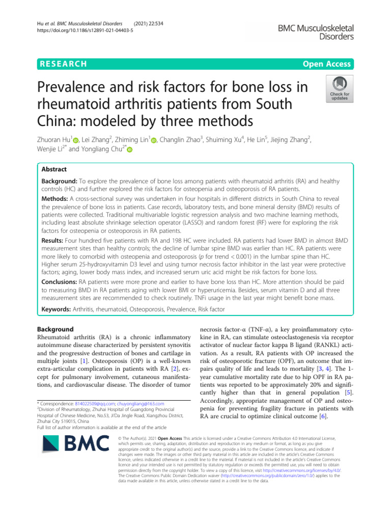 Prevalence and Risk Factors For Bone Loss in Rheumatoid Arthritis ...