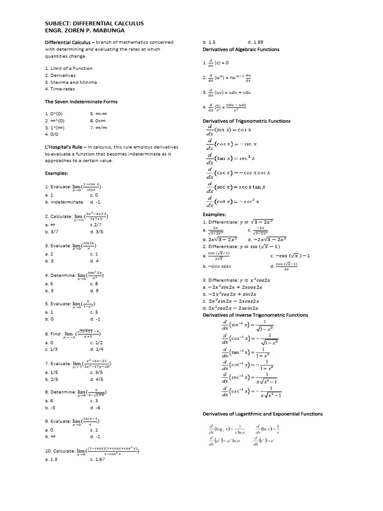 Differential Calculus Concepts & Problems | PDF | Sphere | Area