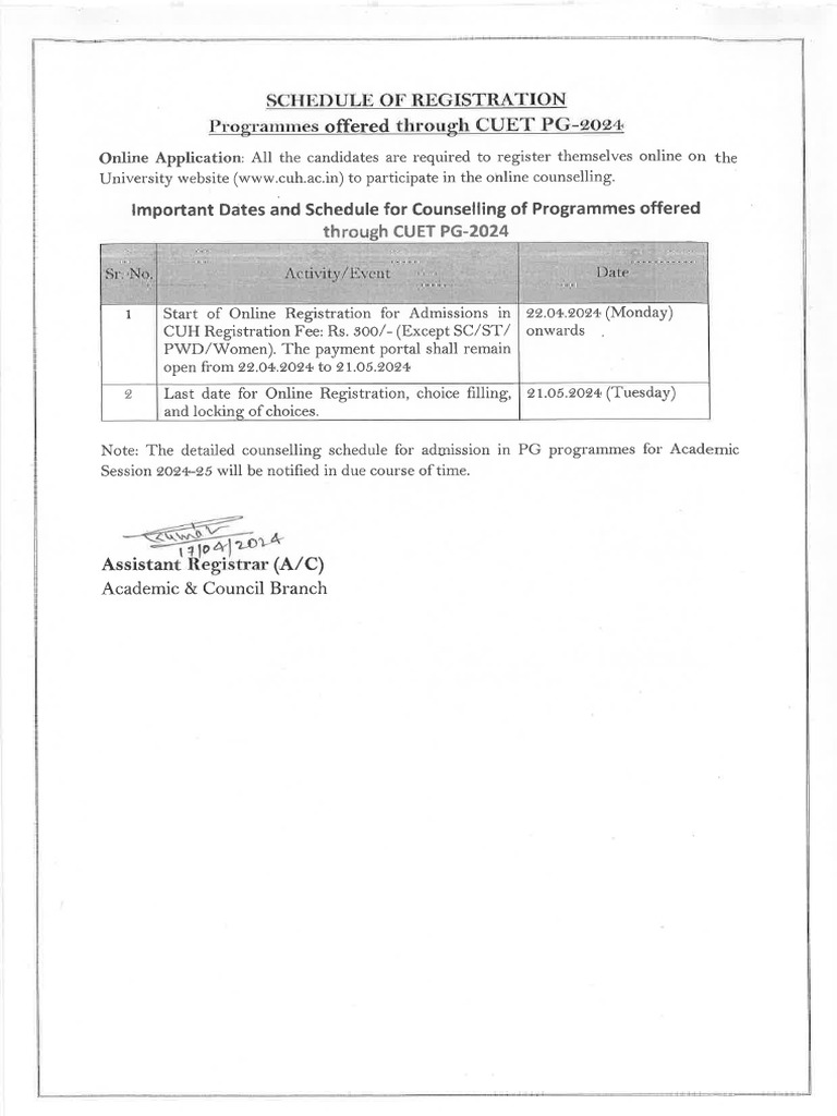 Schedule of Registration PG-2024 | PDF